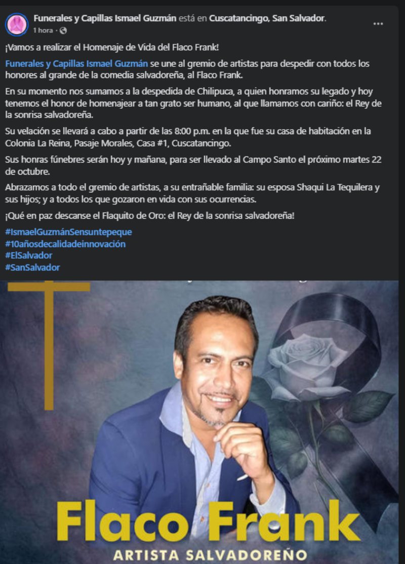 Restos del comediante El Flaco Frank serán velados en su casa en ...